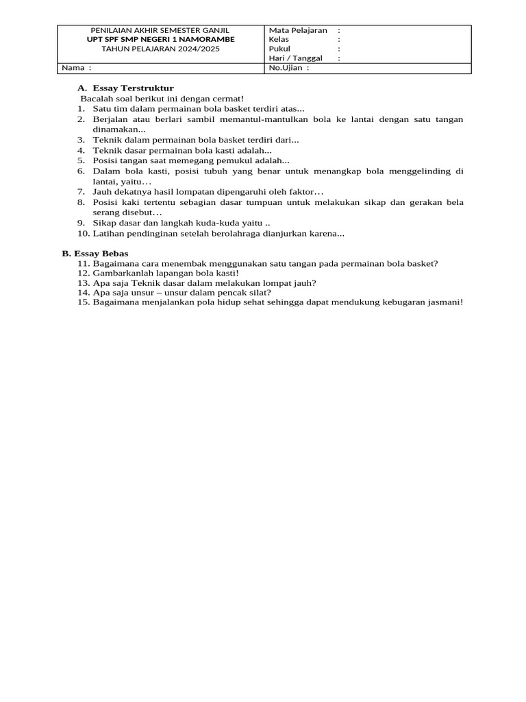 Soal PJOK Kelas 8 - Penilaian Sumatif Semester Ganjil 2024 | PDF | Karier & Perkembangan