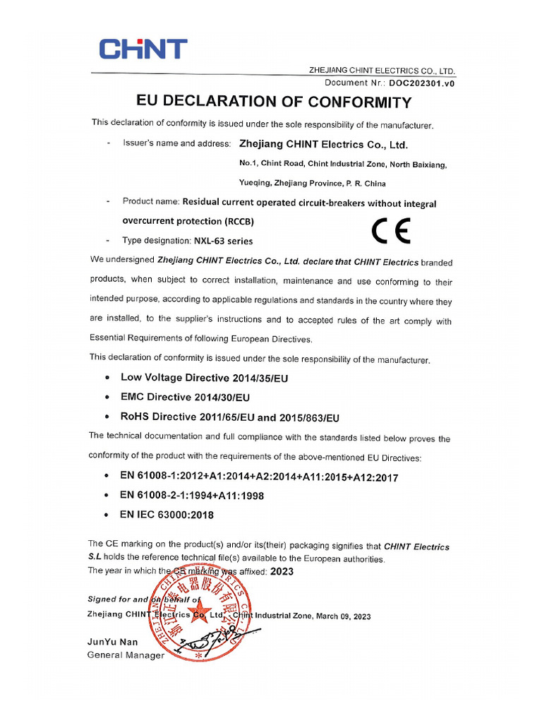 Doc202301-Chint-Nxl - 63-Eu Declaration Conformity-Ce-2023 | PDF ...