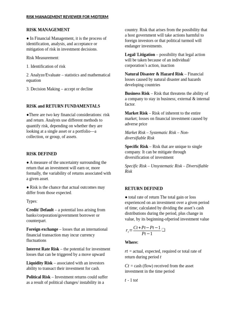 Risk Management Reviewer | PDF | Financial Risk | Risk