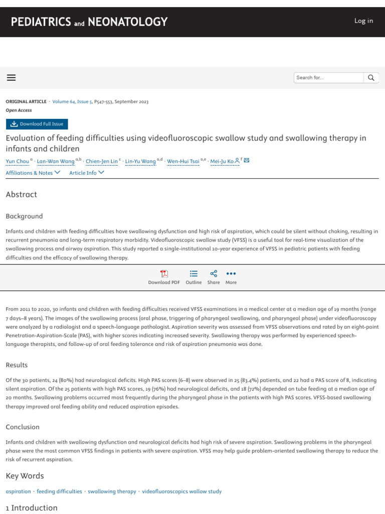 Evaluation of Feeding Difficulties Using Videofluoroscopic Swallow Study and Swallowing Therapy ...