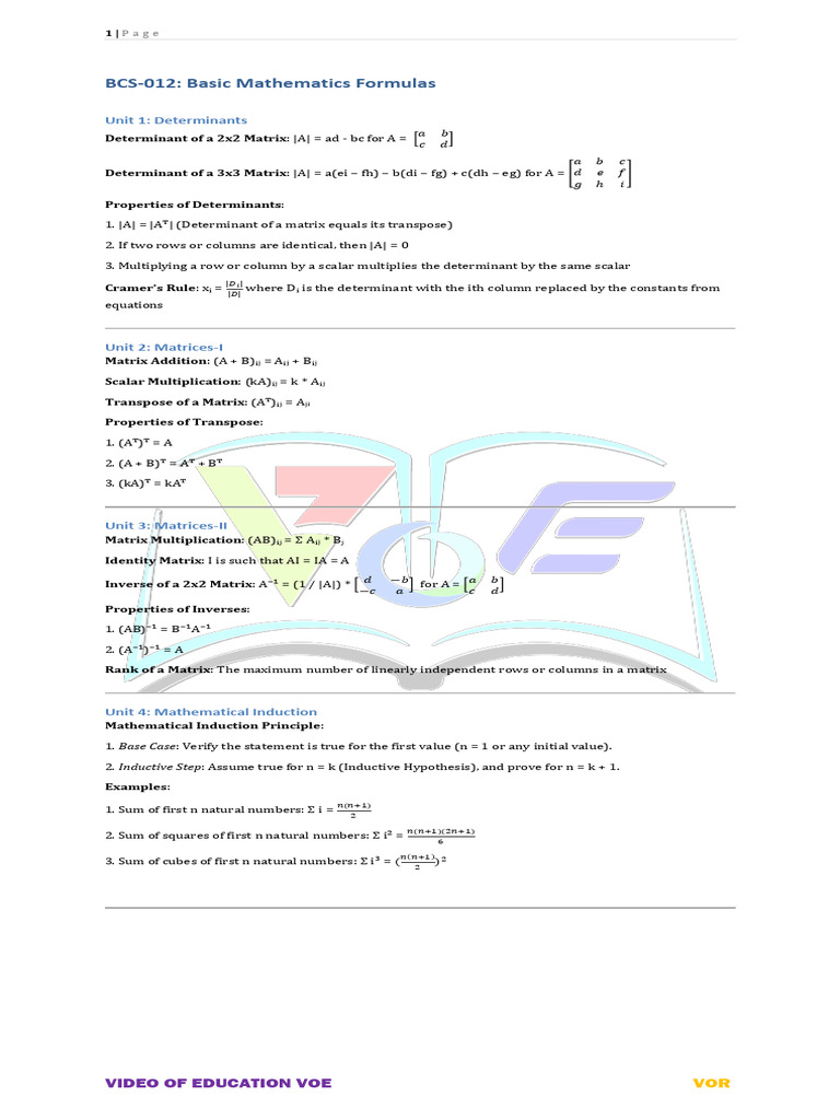 BCS-012 Formulas | PDF | Matrix (Mathematics) | Determinant