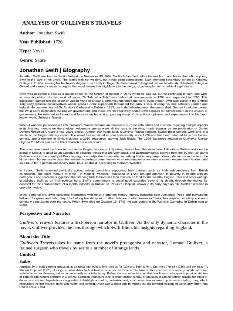 Analysis of Gulliver's Travels | PDF | Jonathan Swift | Gulliver's Travels