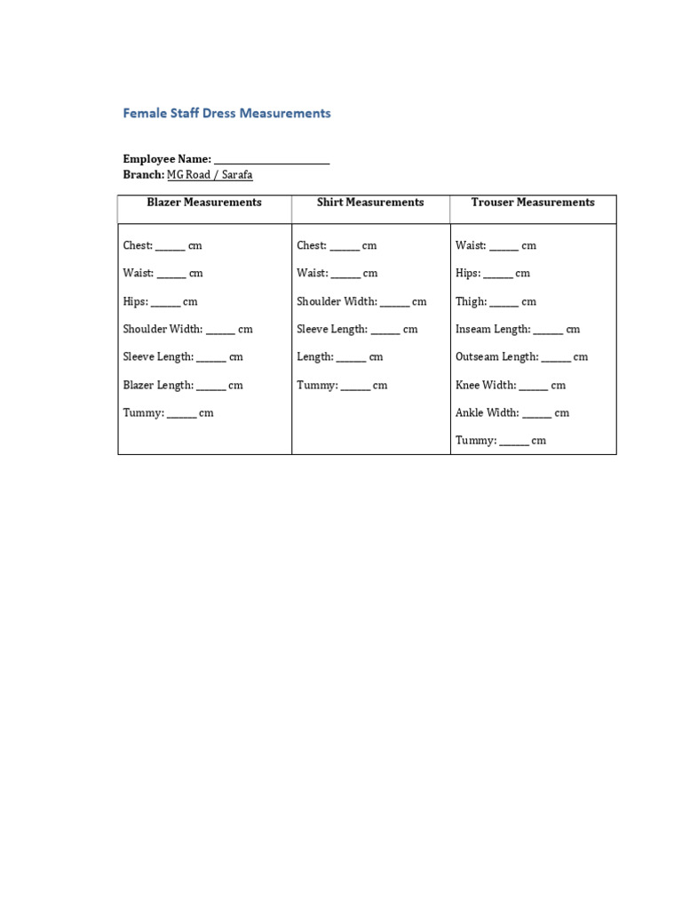 Female Staff Dress Measurement Form | PDF