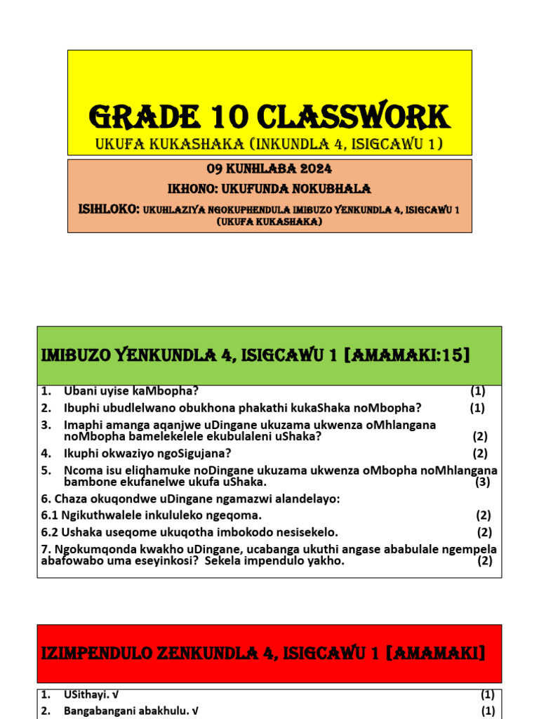 Grade 10 Classwork 09.05.24 Inkundla 4, Isigcawu 1-1 | PDF