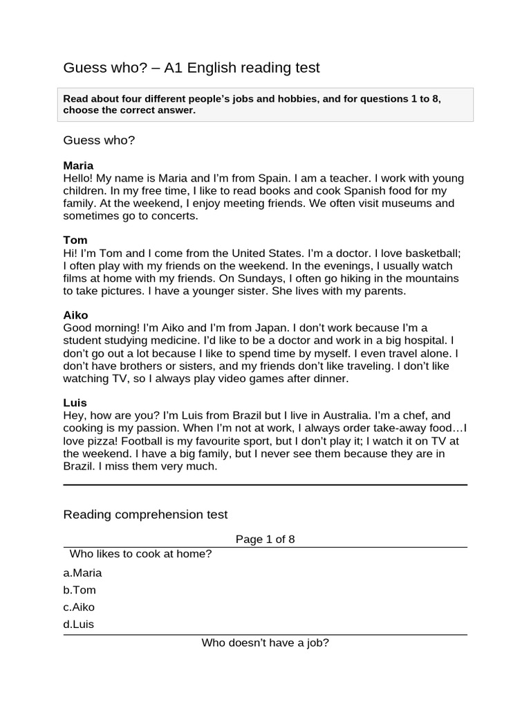 A1 Reading Test: Guess Who? | PDF | Cooking, Food & Wine