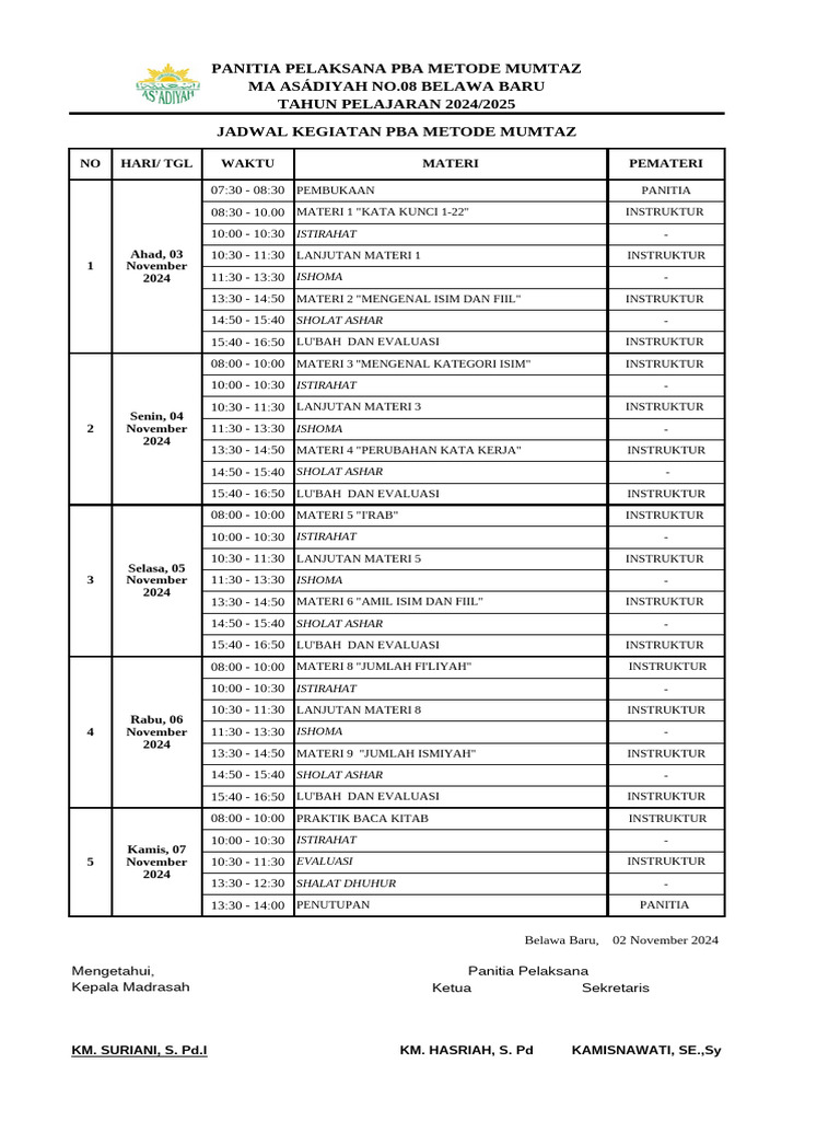 Jadwal Kegiatan PBA Mumtaz MA | PDF