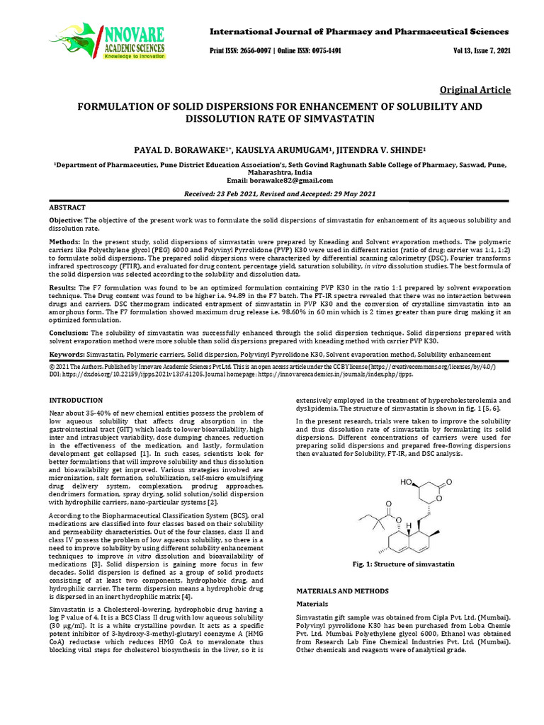 Enhancing Simvastatin Solubility via Solid Dispersions | PDF ...