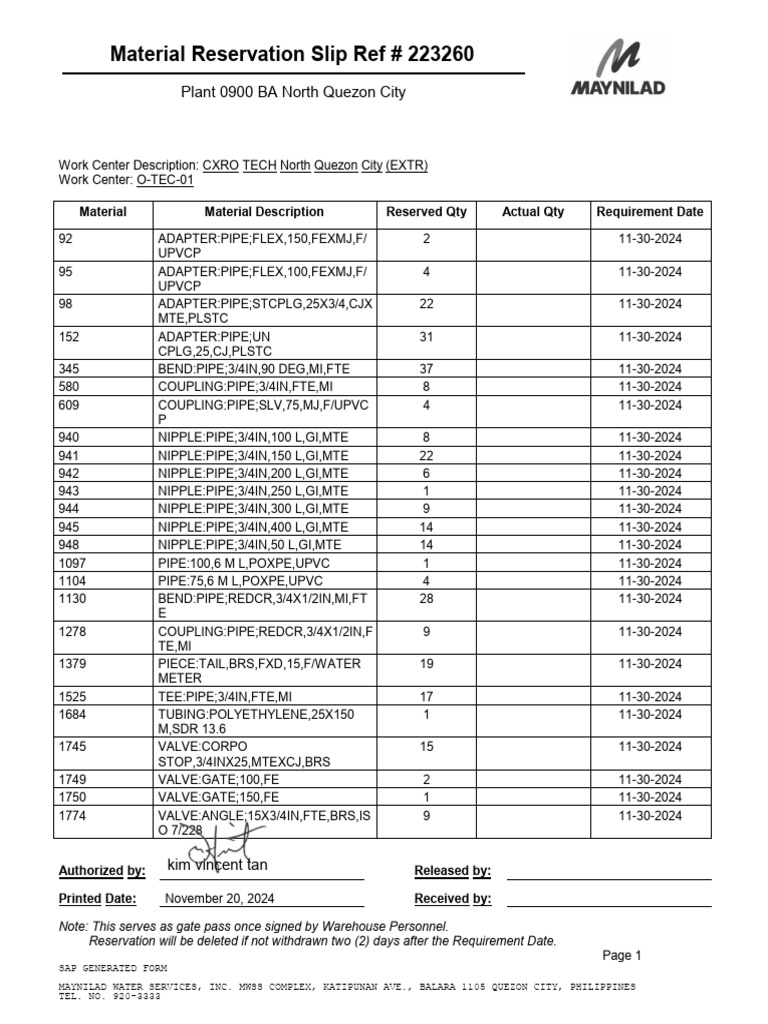 Material Reservation Slip for Pipes and Valves | PDF | Hydraulic ...