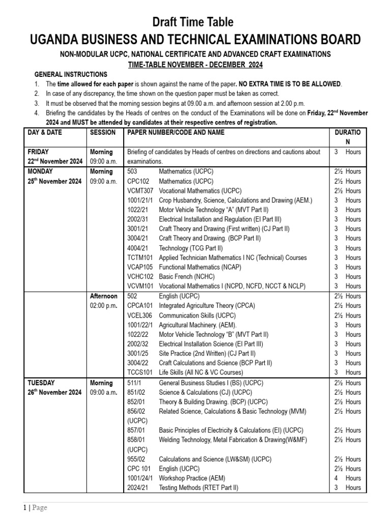 Draft Time Table For Non-Modular UCPC and National Technical Certificate Nov-Dec 2024 | PDF ...