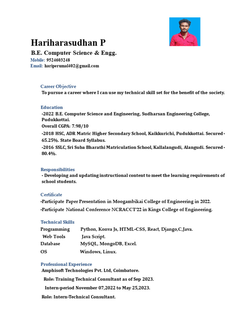 Resume Hariharasudhan P | PDF | Computing | Computer Science