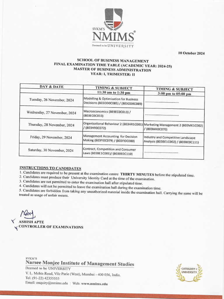 Final Examination Time Table FTMBA Yr I Trim II 2024-25 | PDF