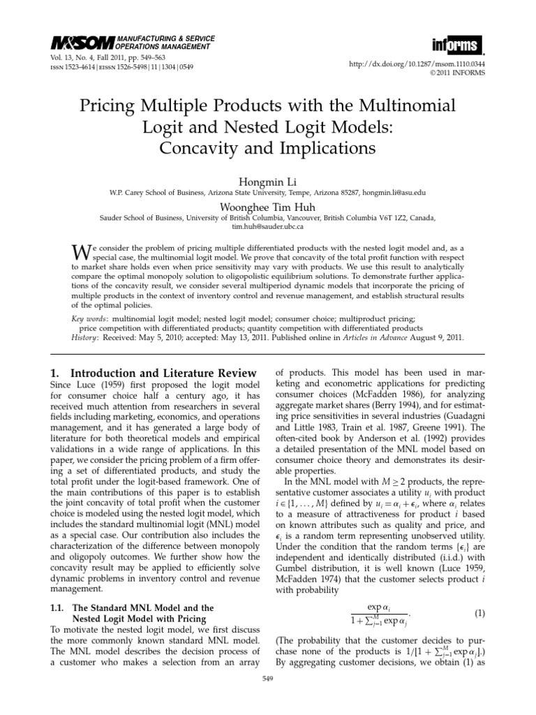 Li Huh 2011 Pricing Multiple Products With The Multinomial Logit And