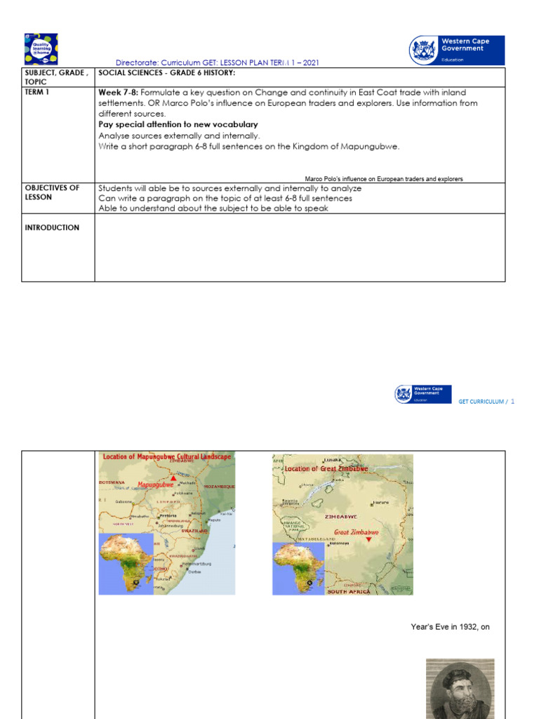 Lesson Plan IP Grade 6 SS History T1 W7&8 | PDF | Christopher Columbus ...