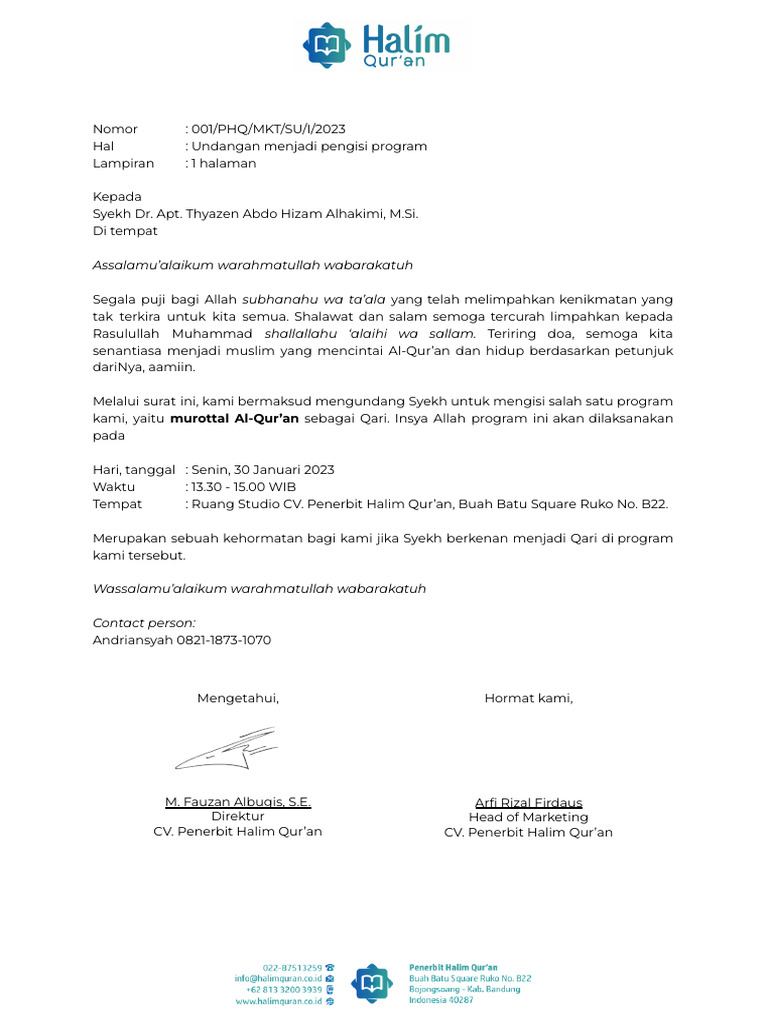 Surat & TOR Syekh Thyazen Alhakimi | PDF
