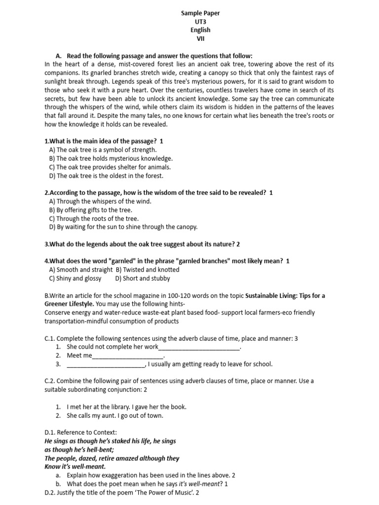 English Sample Paper Class 7 UT3 | PDF | Trees | Linguistics