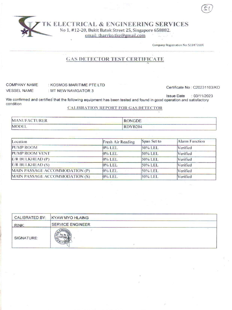 Gas Detector Test Certificate | PDF