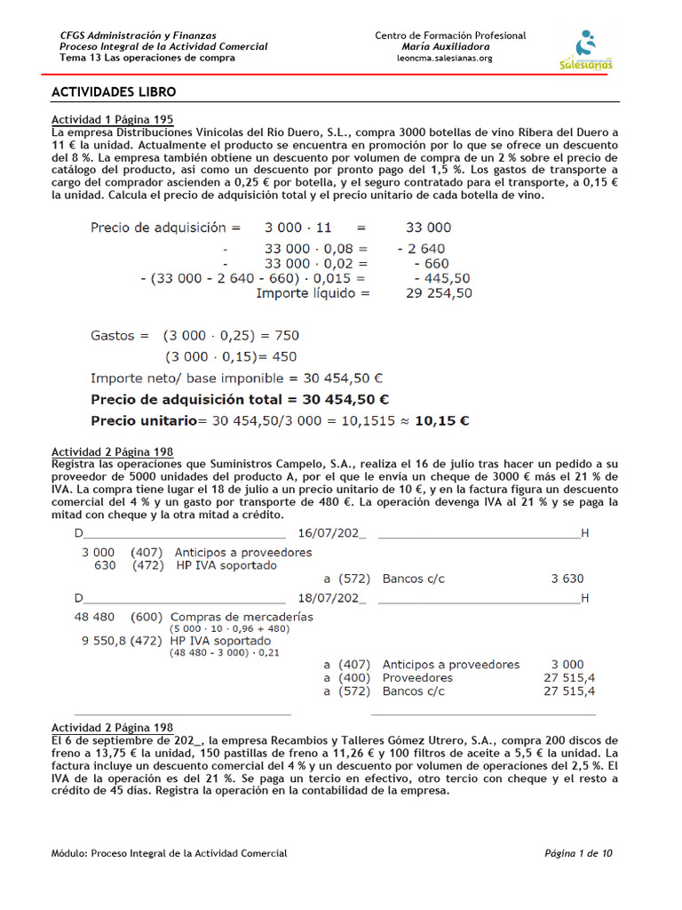 Solución Ejercicios Tema 13. Compras | PDF | Factura | Bancos