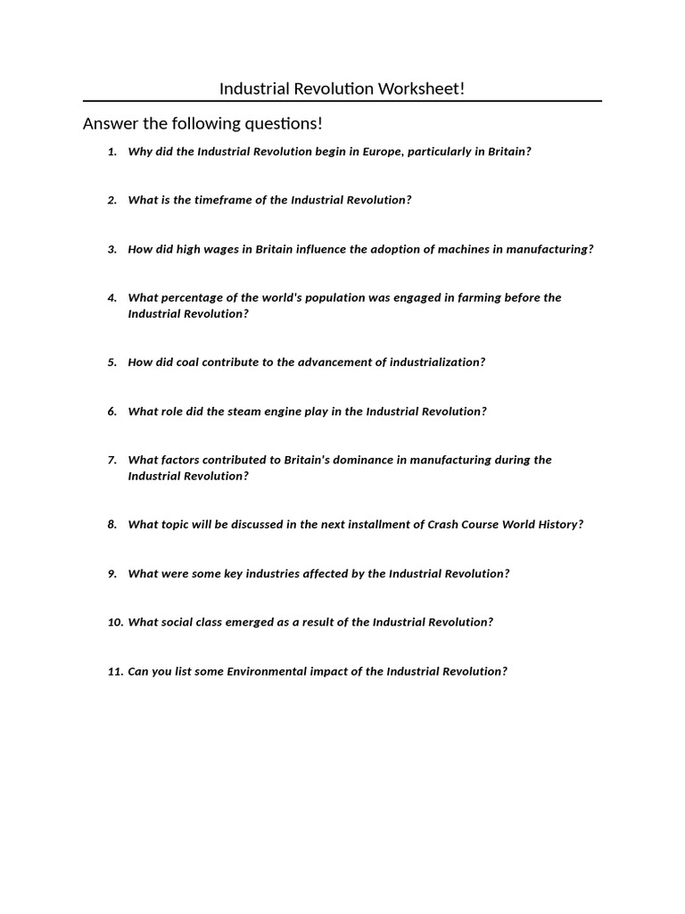 Industrial Revolution Worksheet Questions | PDF