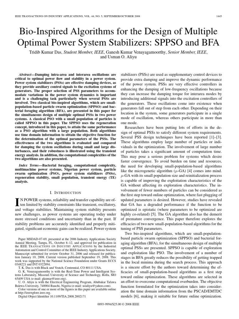 Bio-Inspired Algorithms For The Design of Multiple Optimal Power System Stabilizers SPPSO and ...