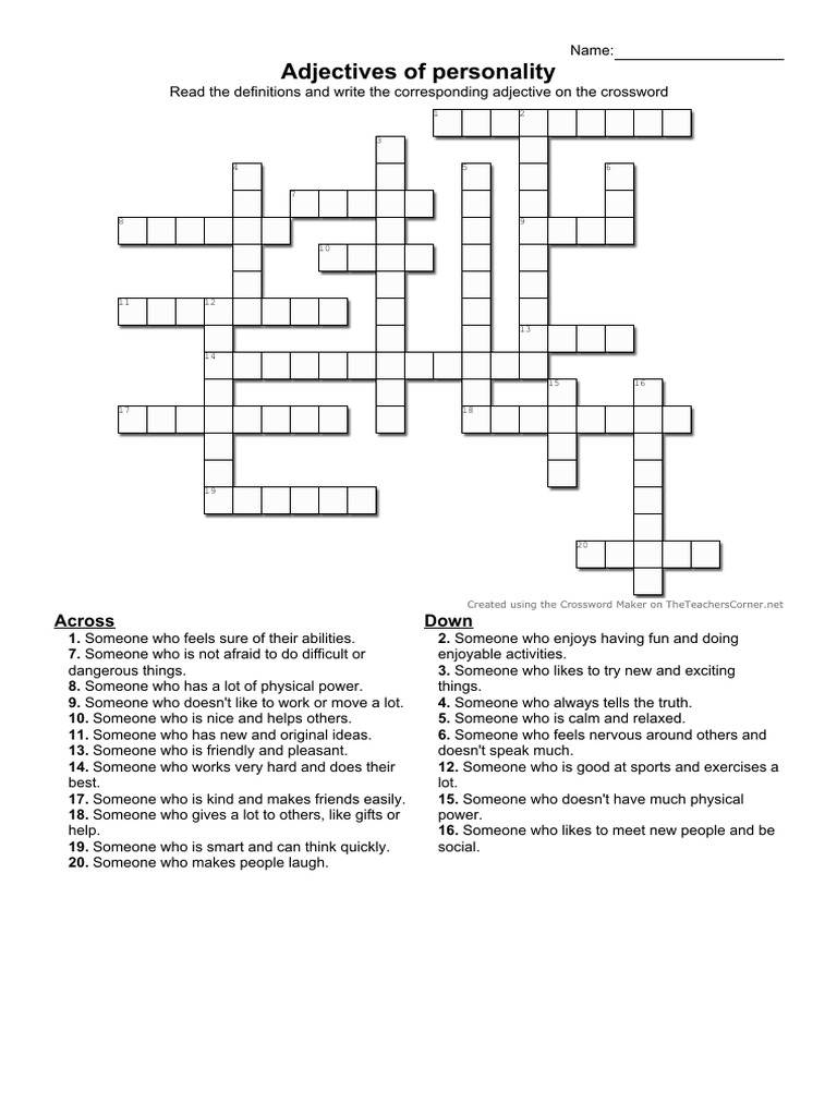 Crossword Adjectives of Personality | PDF