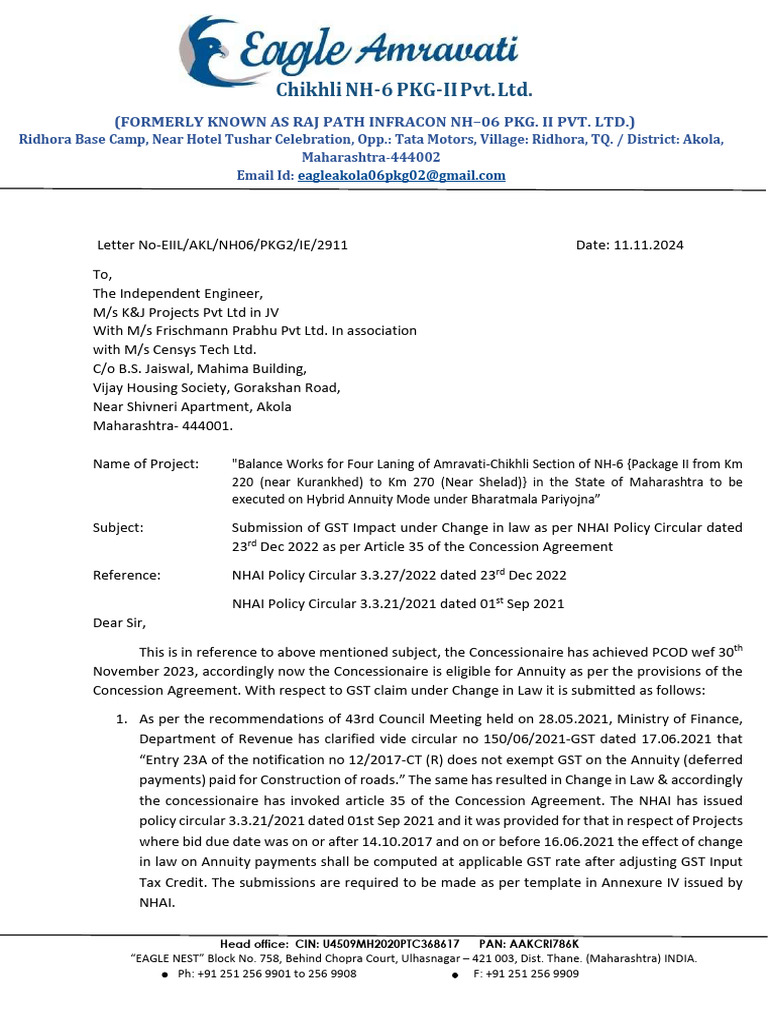Formerly Known As Raj Path Infracon Nh-06 Pkg. Ii Pvt. Ltd. | PDF | Payments | Taxation