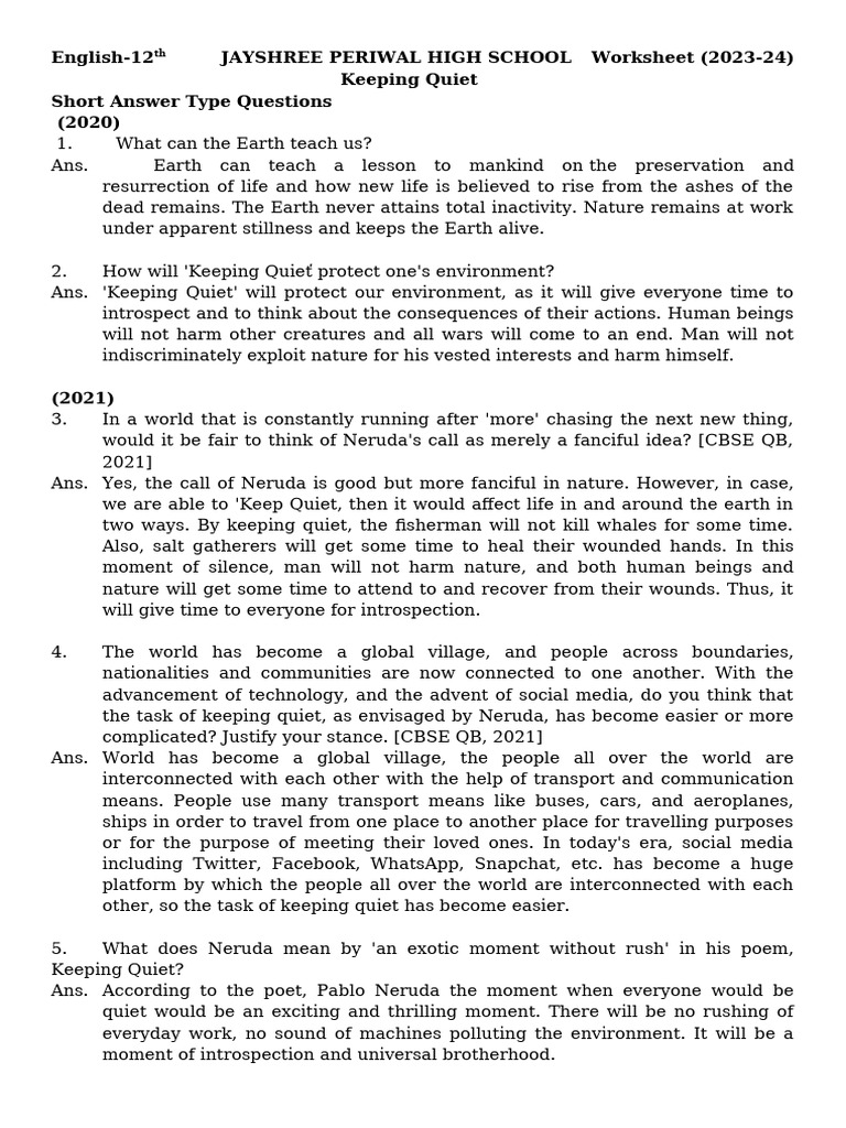 Keeping Quiet Board Ques. Ans. | PDF | Nature