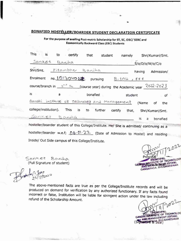 Hostel Certificate Sanket | PDF