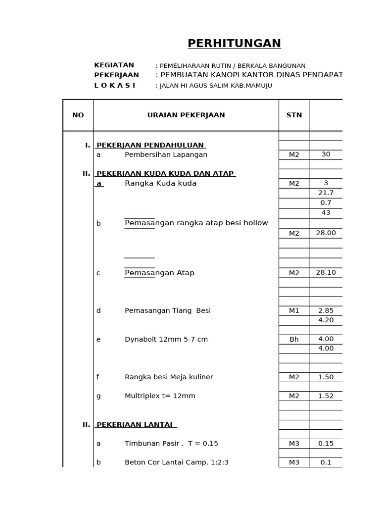 Contoh Perhitungan Pemeliharaan Kanopi | PDF
