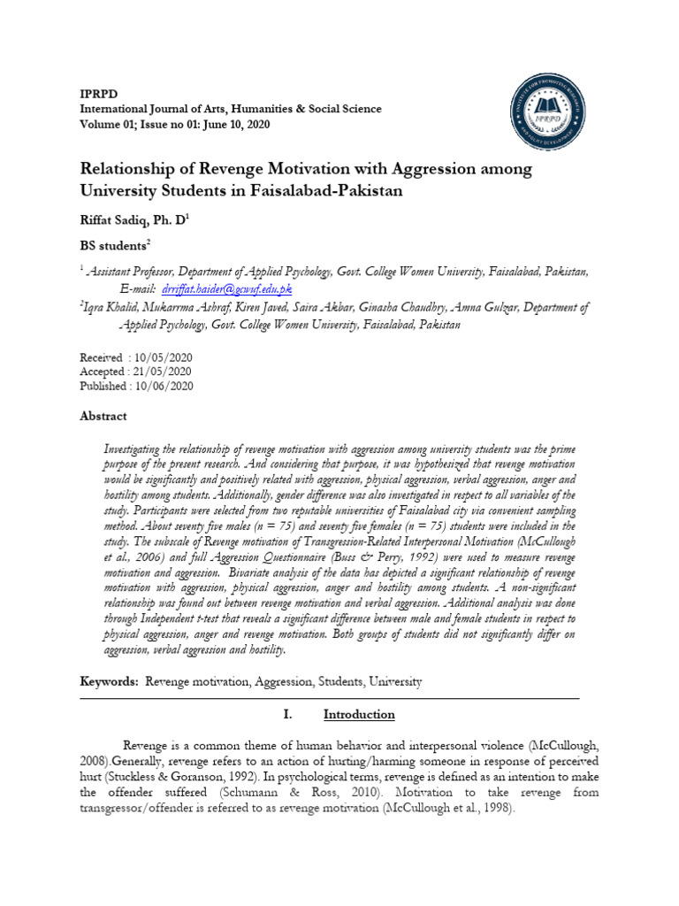 Relationship of Revenge Motivation With Aggression Among | PDF ...