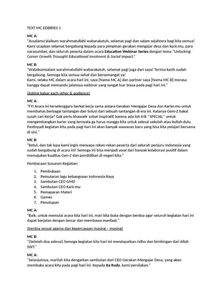 Contoh Teks Master of Ceremony | PDF