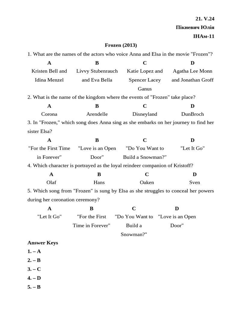 Frozen (2013) Quiz and Answers | PDF