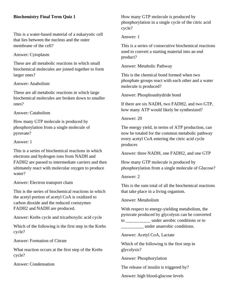Biochemistry Finals Quizzes | PDF | Glycolysis | Metabolism