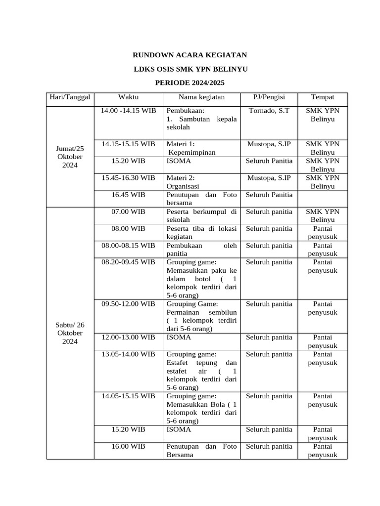 Rundown Acara Kegiatan LDKS 2024-2025 | PDF