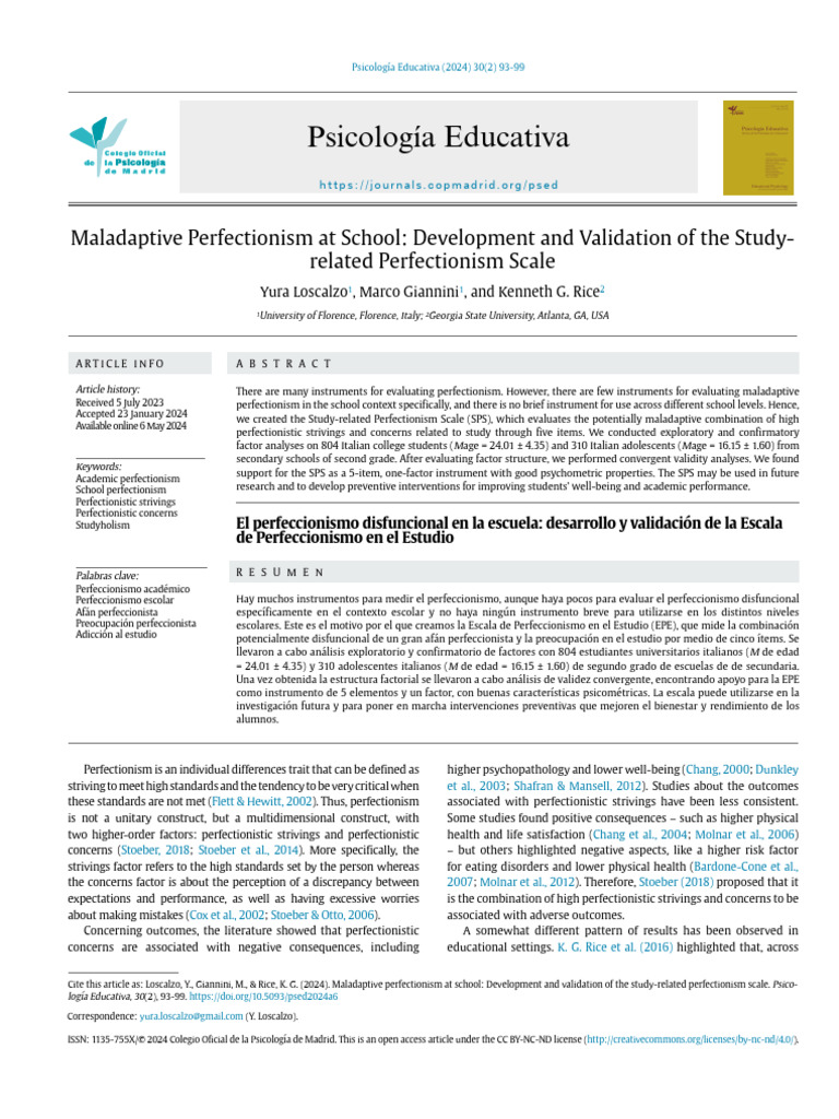Maladaptive Perfectionism at School: Development and Validation of The Studyrelated ...