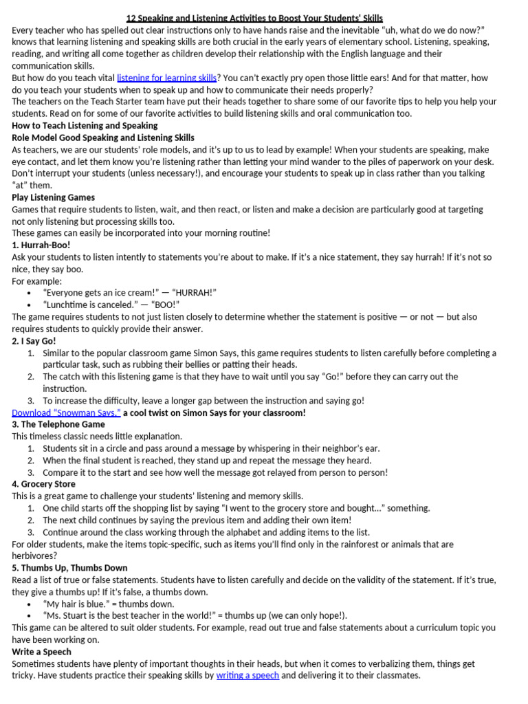 12 Speaking and Listening Activities To Boost Your Students | PDF ...