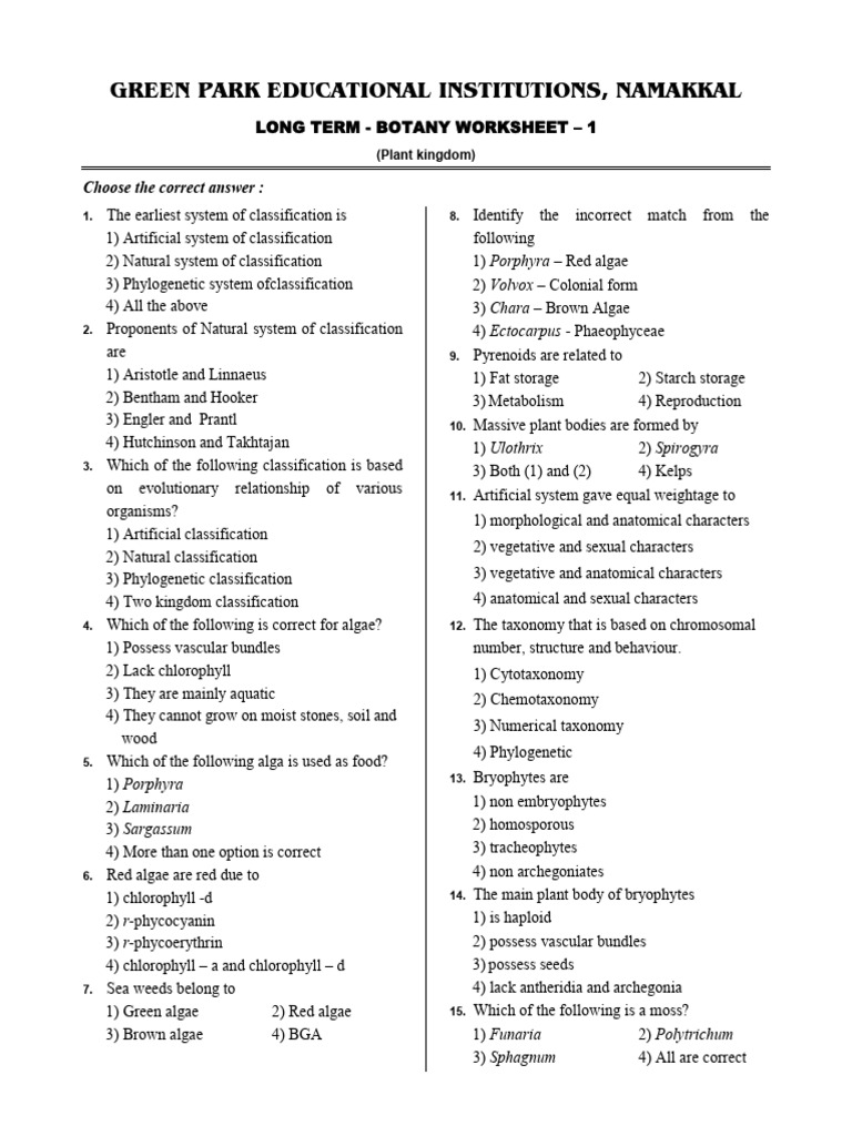 Botany - Long Term Worksheet - 1 (Plant Kingdom) | PDF | Moss | Plants