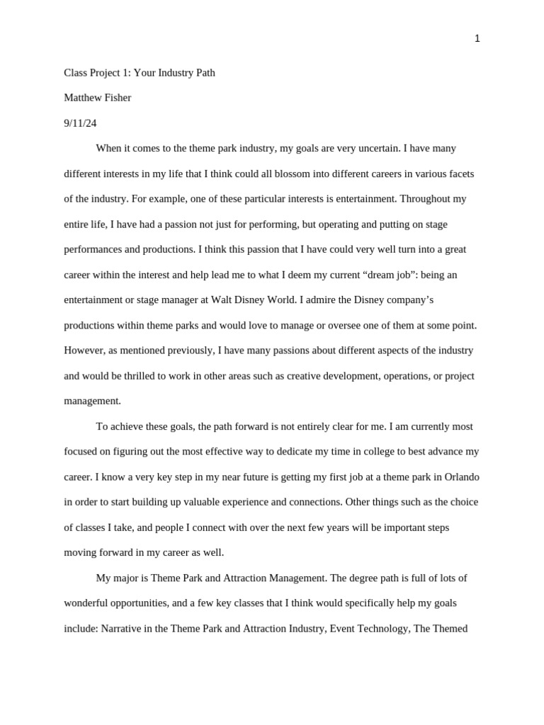 Class Project 1 - Your Industry Path | PDF | Amusement Park | Experience
