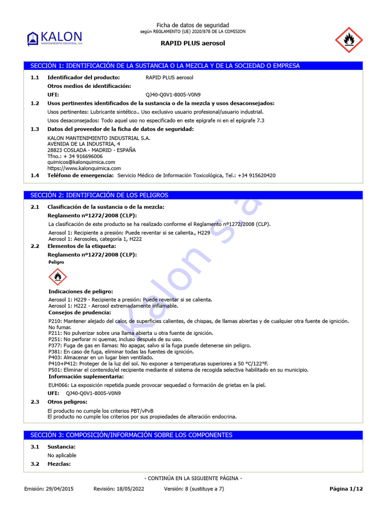 Ficha de Seguridad RAPID PLUS Aerosol | PDF | Química | Materiales