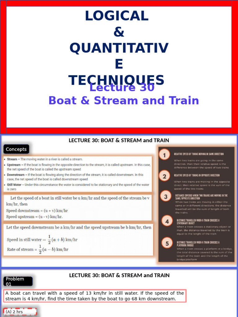 Lecture 30 Boats & Streams and Trains | PDF | Speed | Metre