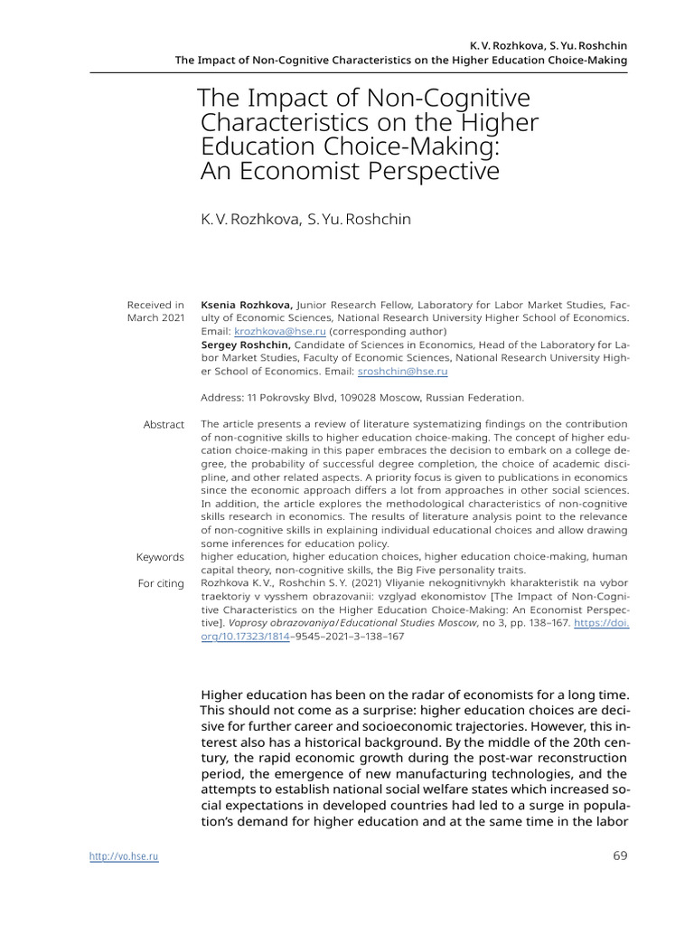 The Impact of Non Cognitive Characteristics On The Higher Education Choice Making An Economist ...