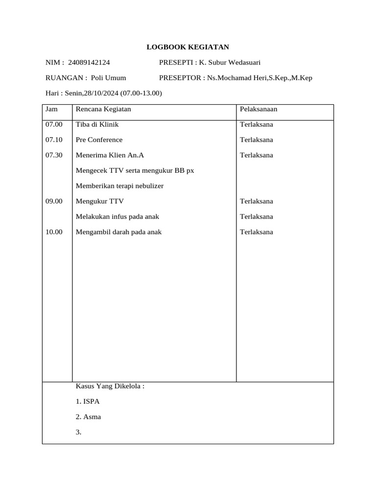 K.subur Wedasuari - Logbook Kegiatan 1 | PDF