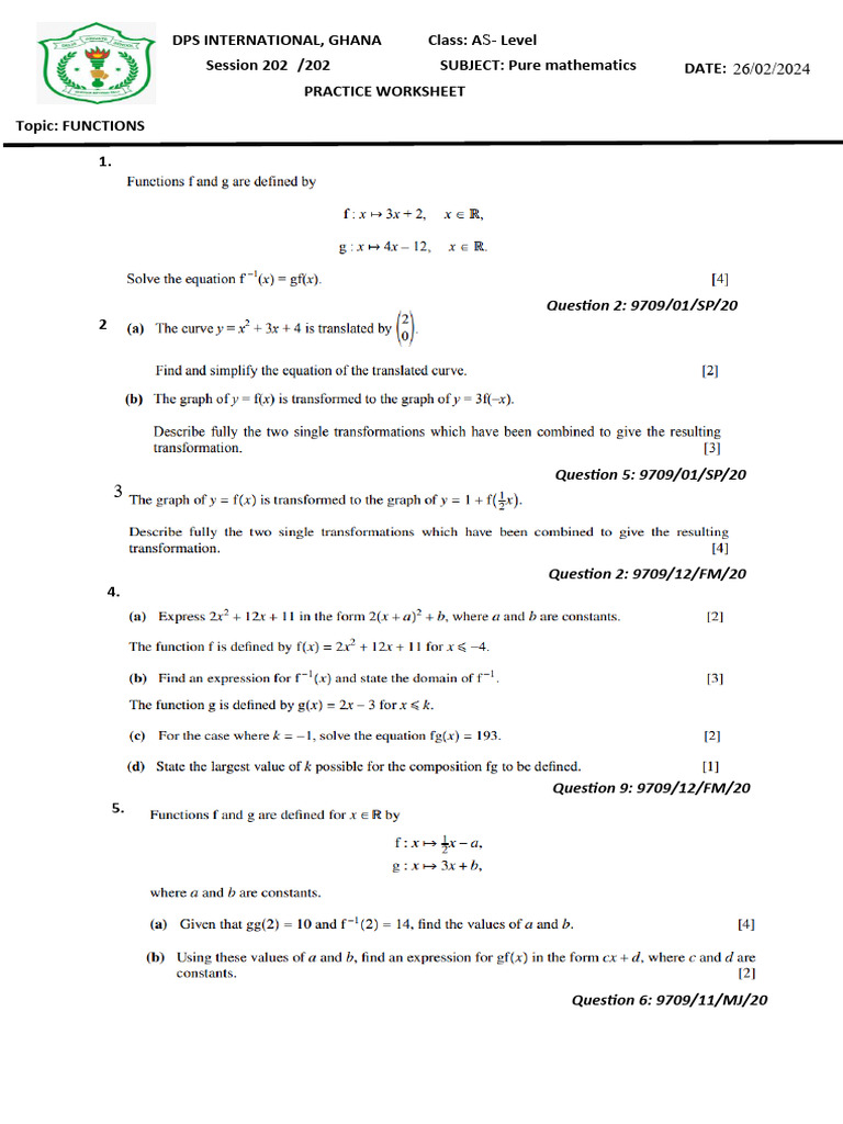 Practice Worksheet Functions | PDF | Mathematics