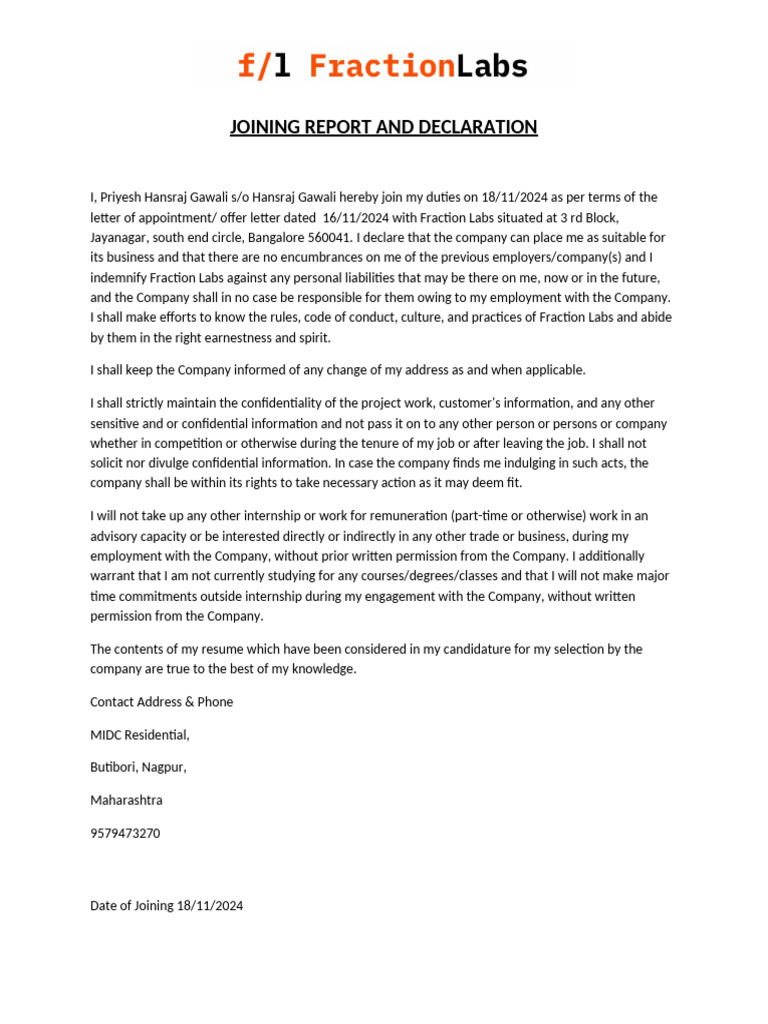 Joining - Report - and - Declaration - Fraction Labs | PDF