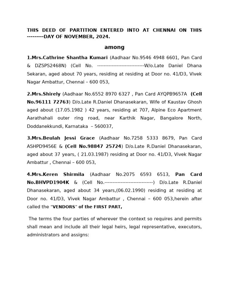 Partition Deed Name of Daniel Dhanasekaran | PDF | Civil Law (Common ...