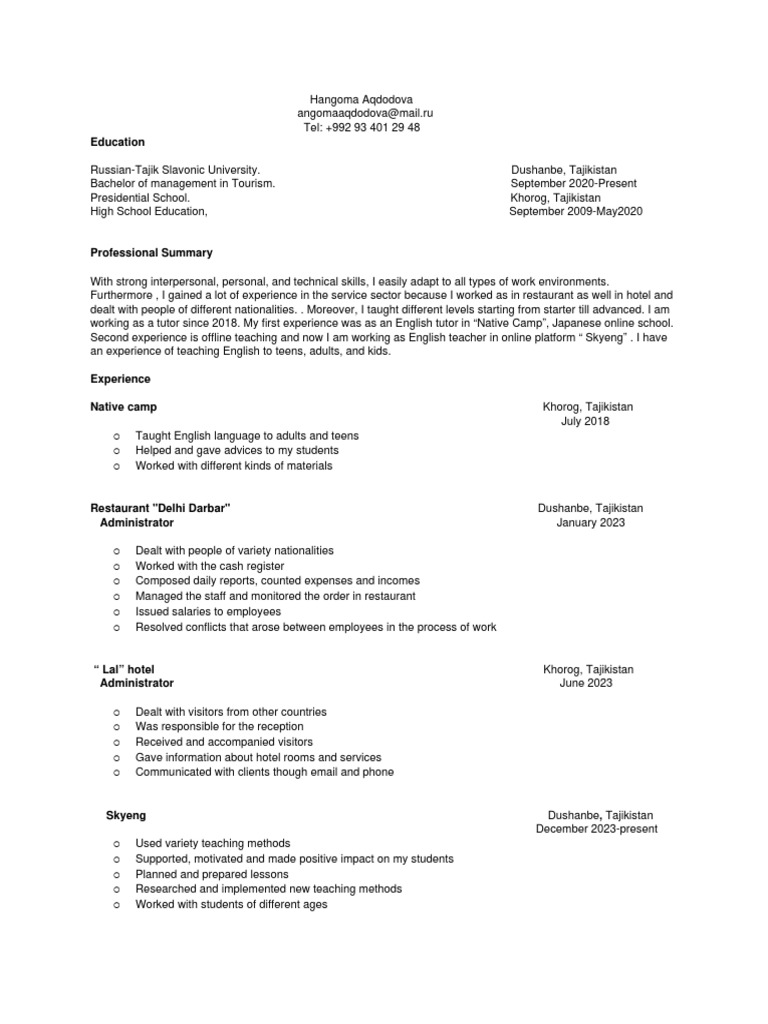 Resume Hangoma Aqdodova | PDF | Tajikistan | Human Communication