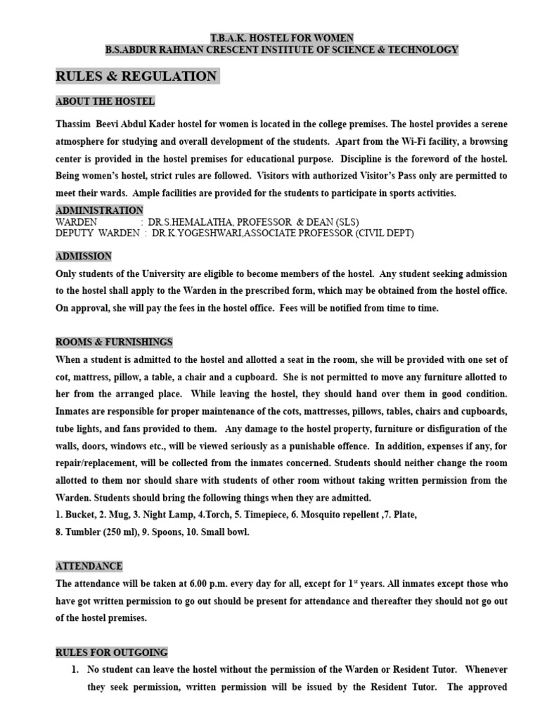 T.B.A.K. Women's Hostel Rules & Regulations | PDF | Self-Improvement ...