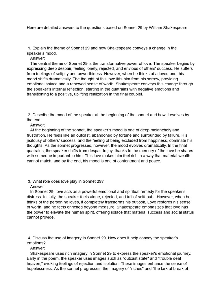 Sonnet 29 of William Shakespeare | PDF | Stanzaic Form | Composition ...