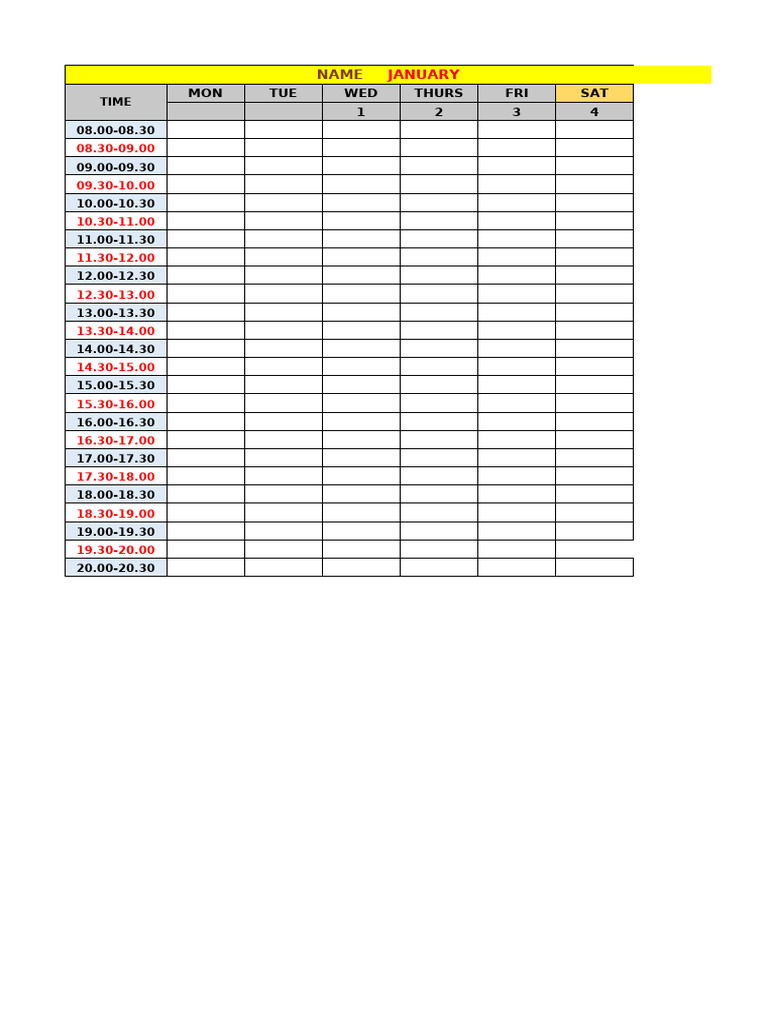 MON TUE WED Thurs FRI SAT 1 2 3 4: January | PDF | Home & Garden