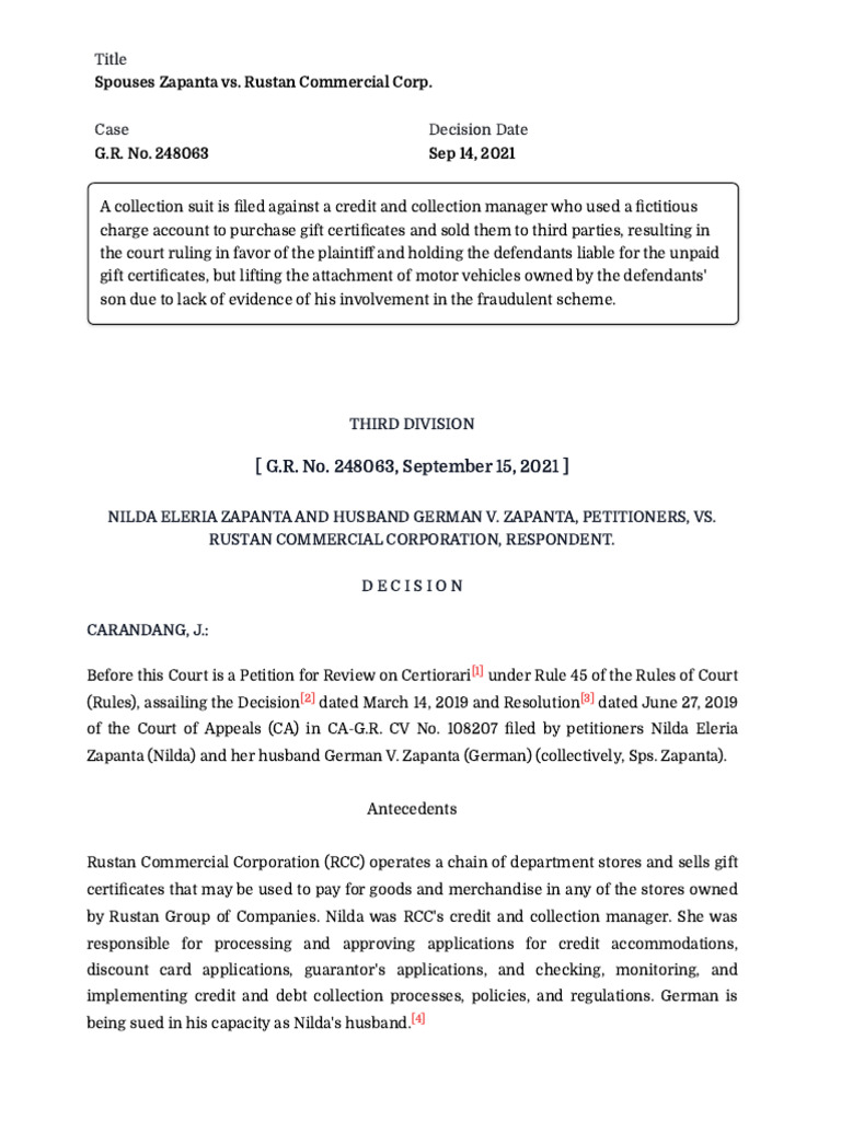 Spouses Zapanta vs. Rustan Commercial Corp | PDF | Credit Card | Lawsuit