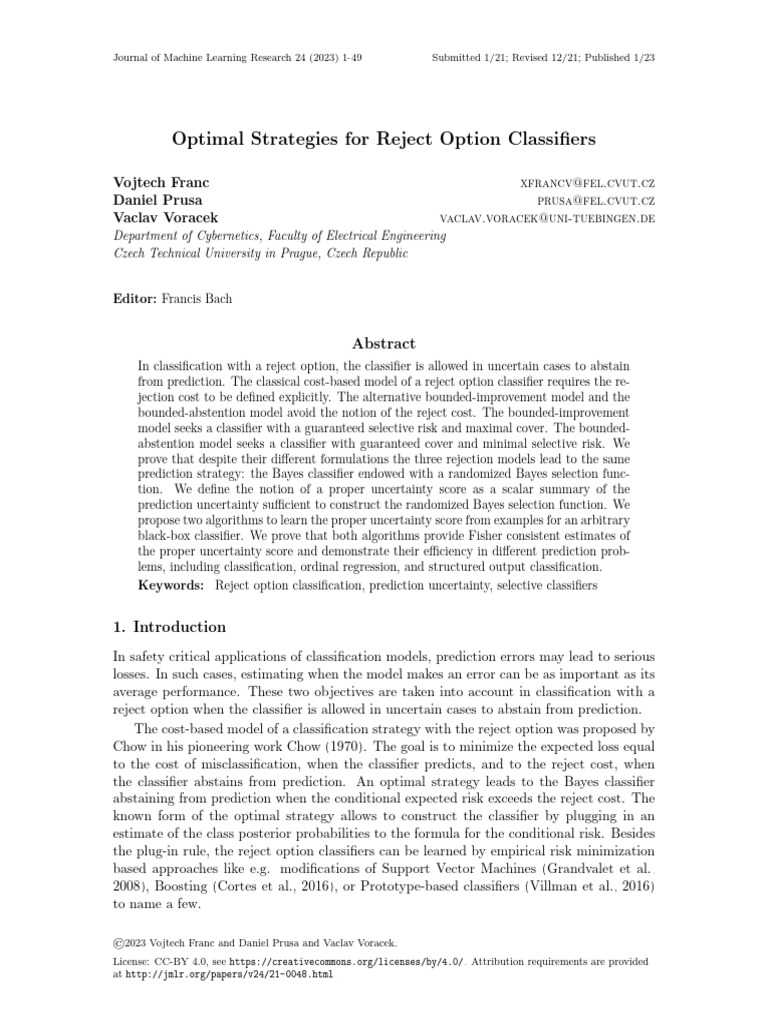 Optimal Strategies For Reject Option | PDF | Statistical Classification | Function (Mathematics)